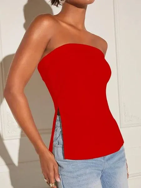Aahwan Women Polyester Slim Fit Solid Split Strapless Hem Tube Top with ...